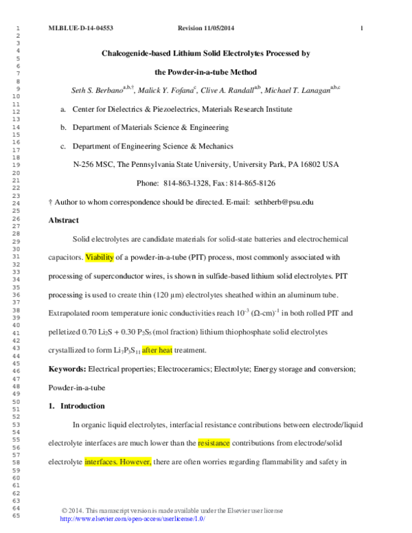 (PDF) Chalcogenide-based lithium solid electrolytes processed by the ...