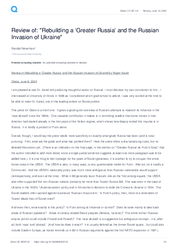 (PDF) Review of: "Rebuilding a ‘Greater Russia’ and the Russian ...