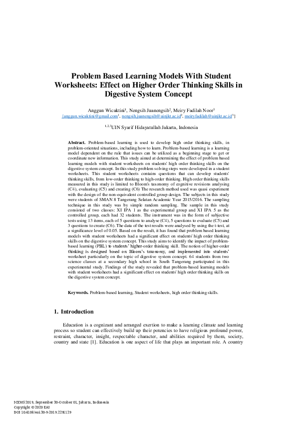 (PDF) Problem Based Learning Models With Student Worksheets: Effect on ...