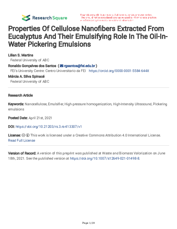 (PDF) Properties Of Cellulose Nanofibers Extracted From Eucalyptus And ...