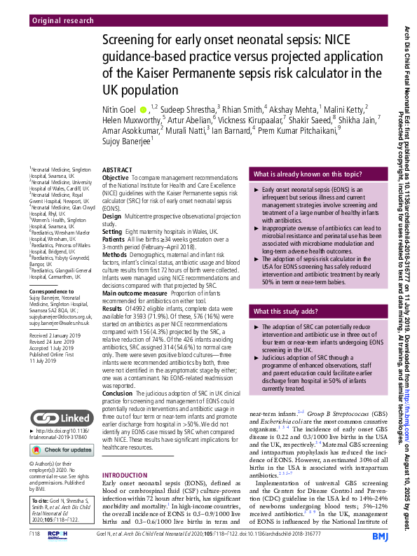 (PDF) Screening for early onset neonatal sepsis: NICE guidance-based ...