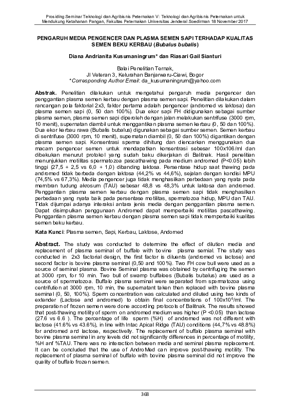 (PDF) PENGARUH MEDIA PENGENCER DAN PLASMA SEMEN SAPI TERHADAP KUALITAS ...