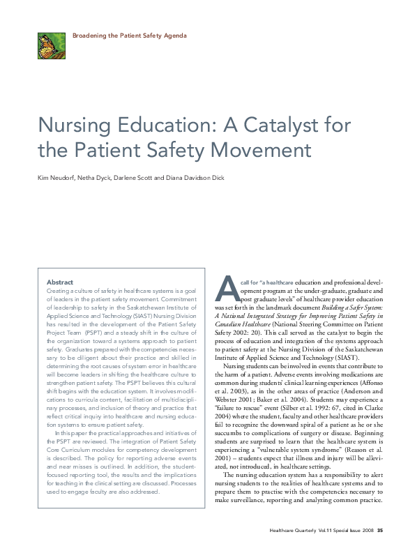 (PDF) Nursing Education: A Catalyst for the Patient Safety Movement
