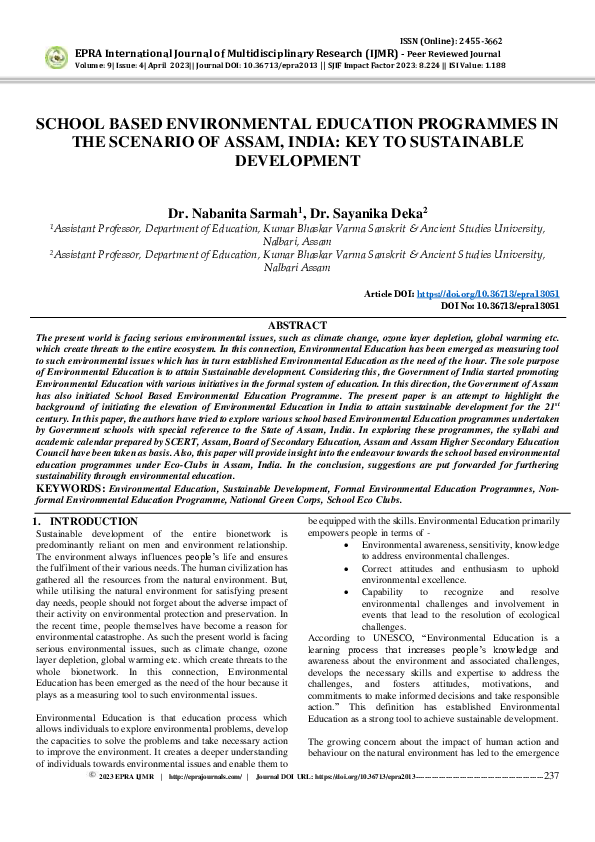 (PDF) School Based Environmental Education Programmes in the Scenario ...