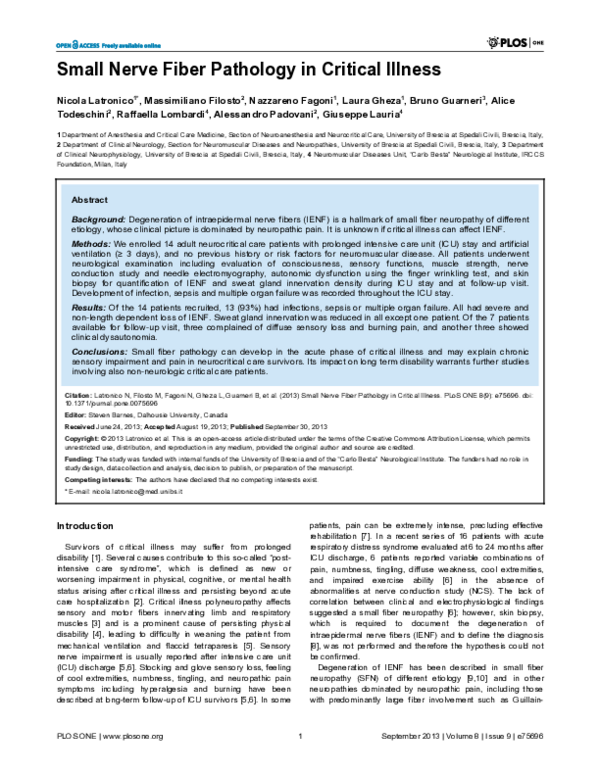 (PDF) Small Nerve Fiber Pathology in Critical Illness