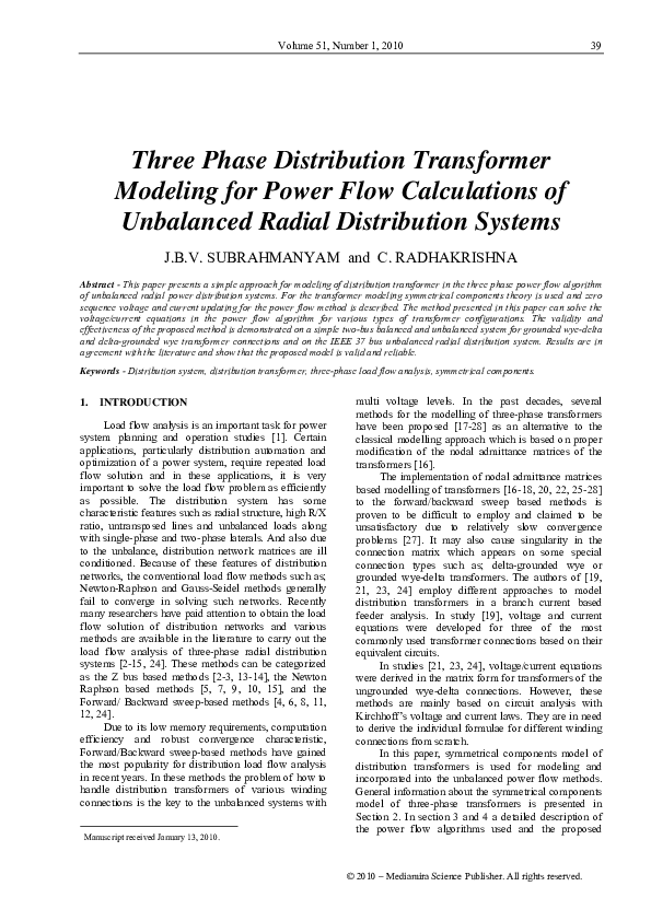 (PDF) Three Phase Distribution Transformer Modeling for Power Flow ...