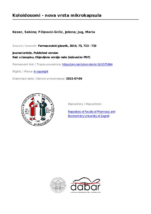 (PDF) Koloidosomi - nova vrsta mikrokapsula