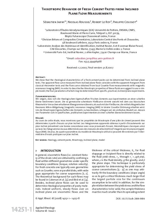 (PDF) Thixotropic Behavior of Fresh Cement Pastes from Inclined Plane ...