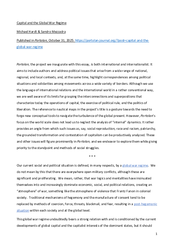 (PDF) Michael Hardt & Sandro Mezzadra, Capital and the Global War Regime