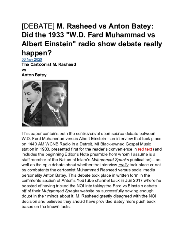 (PDF) [DEBATE] M. Rasheed vs Anton Batey: Did the 1933 "W.D. Fard Muhammad vs Albert Einstein ...