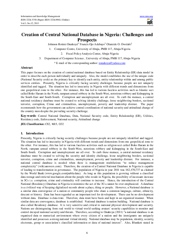 (PDF) Creation of Central National Database in Nigeria: Challenges and ...