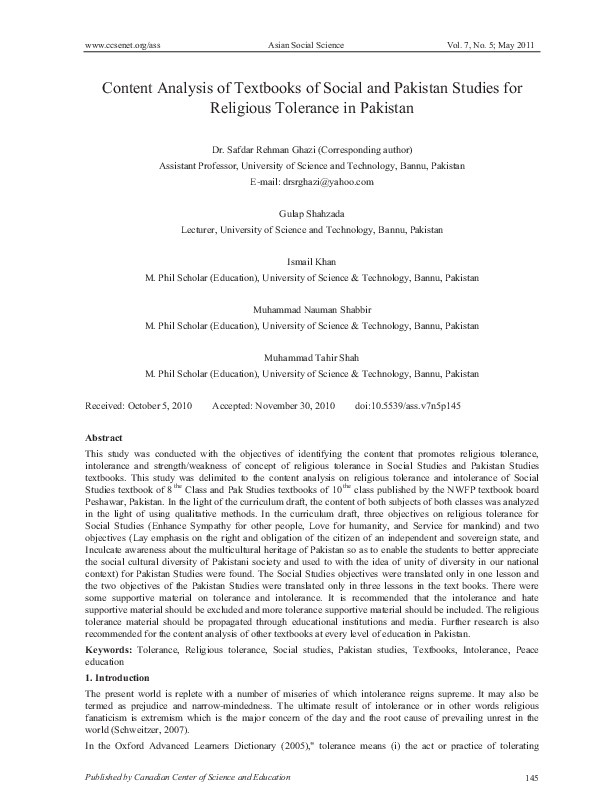 (PDF) Content Analysis of Textbooks of Social and Pakistan Studies for ...