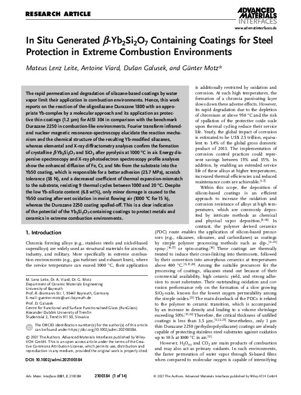 (PDF) In Situ Generated β‐Yb2Si2O7 Containing Coatings for Steel ...