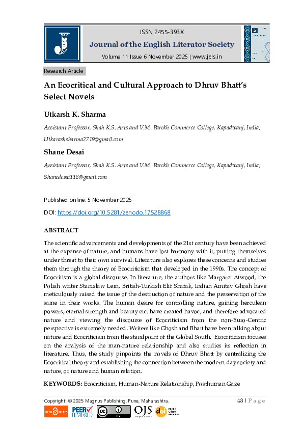 (PDF) An Ecocritical and Cultural Approach to Dhruv Bhatt's Select Novels