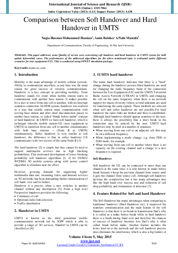 (PDF) Comparison between Soft Handover and Hard Handover in UMTS