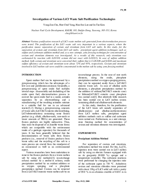 (PDF) Investigation of Various LiCl Waste Salt Purification Technologies