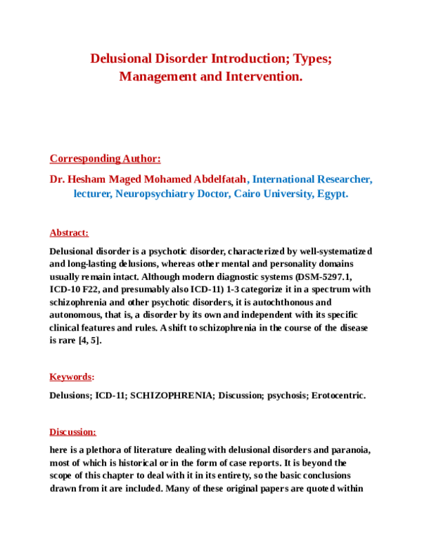 (PDF) Delusional Disorder Introduction; Types; Management and Intervention