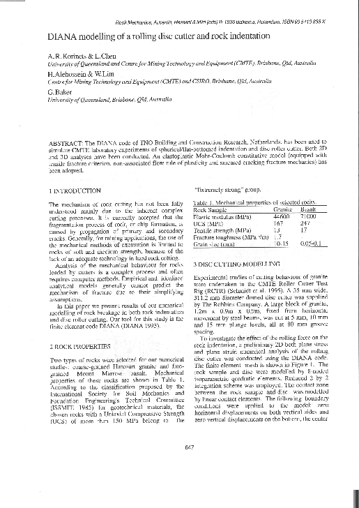 (PDF) DIANA Modelling of a Rolling Disc Cutter and Rock Indentation