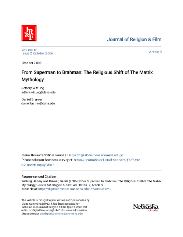 (PDF) From Superman to Brahman: The Religious Shift of The Matrix Mythology