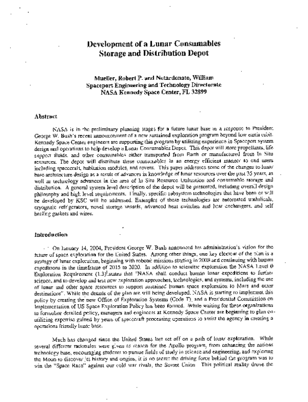 (PDF) Development of a Lunar Consumables Storage and Distribution Depot