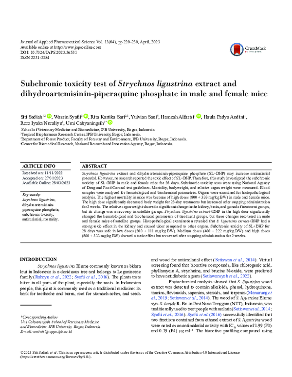 (PDF) Subchronic toxicity test of Strychnos ligustrina extract and ...