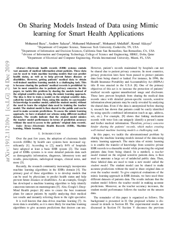 (PDF) On Sharing Models Instead of Data using Mimic learning for Smart ...
