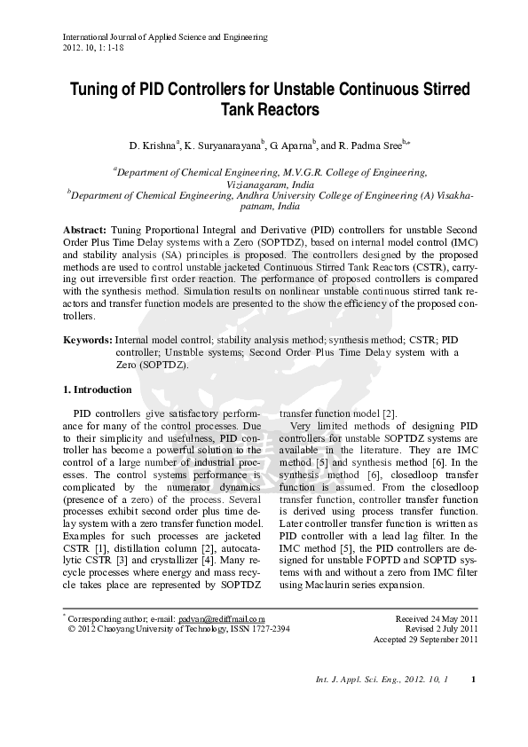 (PDF) Tuning of PID Controllers for Continuous Stirred Tank Reactors