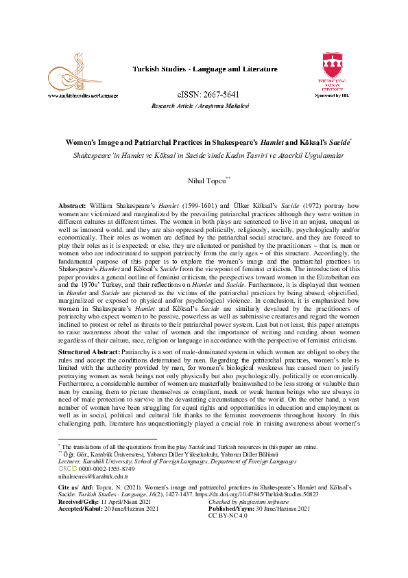 (PDF) Women's Image and Patriarchal Practices in Hamlet and Sacide