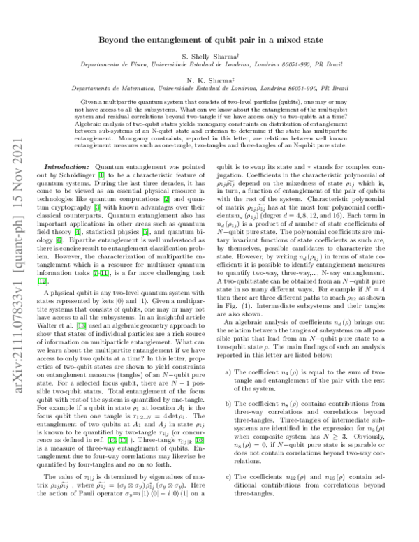 (PDF) Beyond the entanglement of qubit pair in a mixed state