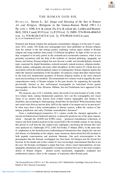 (PDF) The Roman god Sol. Review of Steven E. Hijmans, Sol. Image and ...