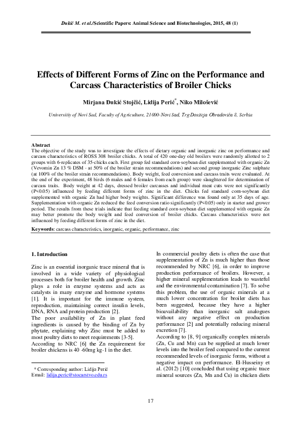 (PDF) Effects Of Different Forms Of Zinc On The Performance And Carcass ...