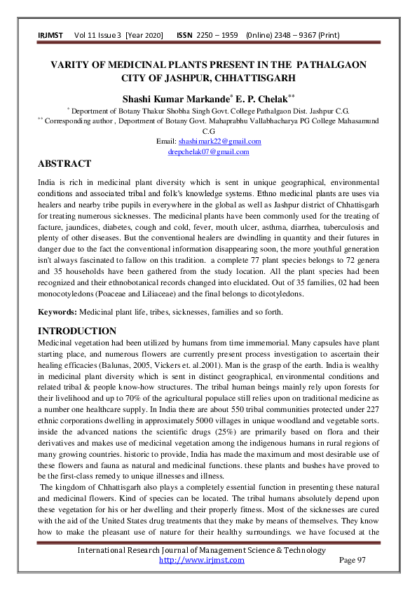 (PDF) VARITY OF MEDICINAL PLANTS PRESENT IN THE PATHALGAON CITY OF ...