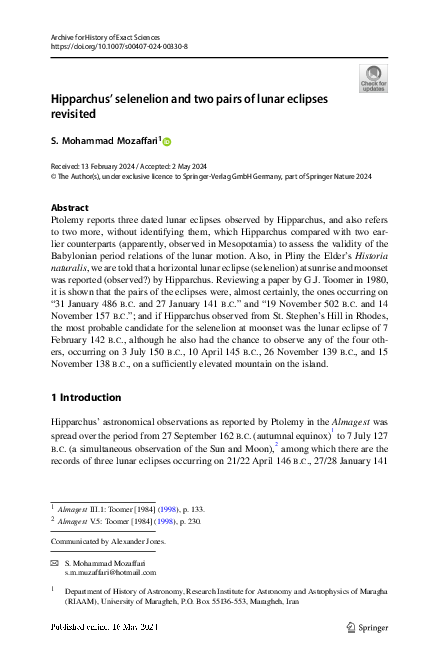 (PDF) Hipparchus' selenelion and two pairs of lunar eclipses revisited