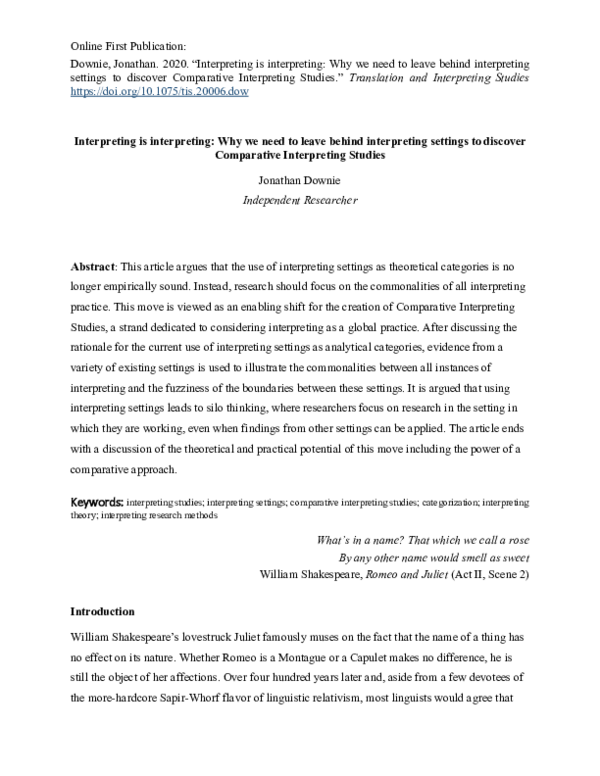 (PDF) Interpreting is Interpreting: Why we need to leave behind ...