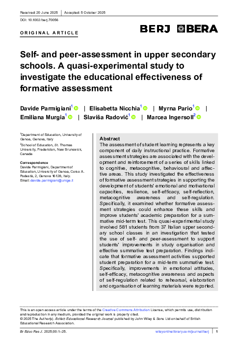 (PDF) Self-and peer-assessment in upper secondary schools. A quasi-experimental study to ...