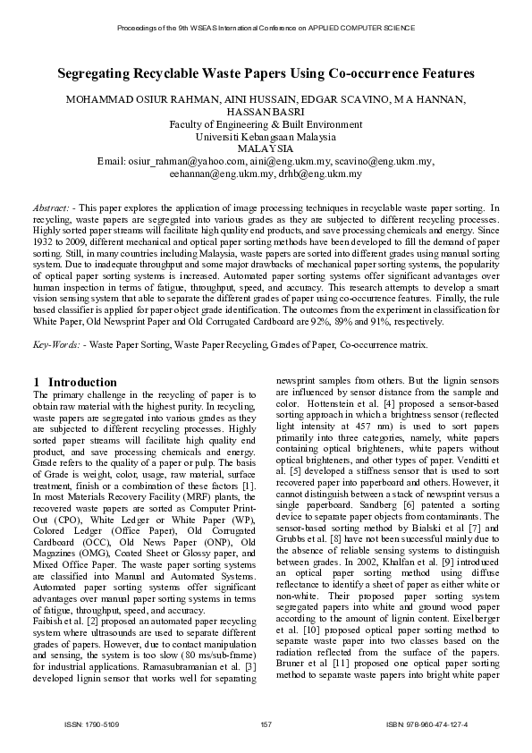 (PDF) Segregating recyclable waste papers using co-occurrence features