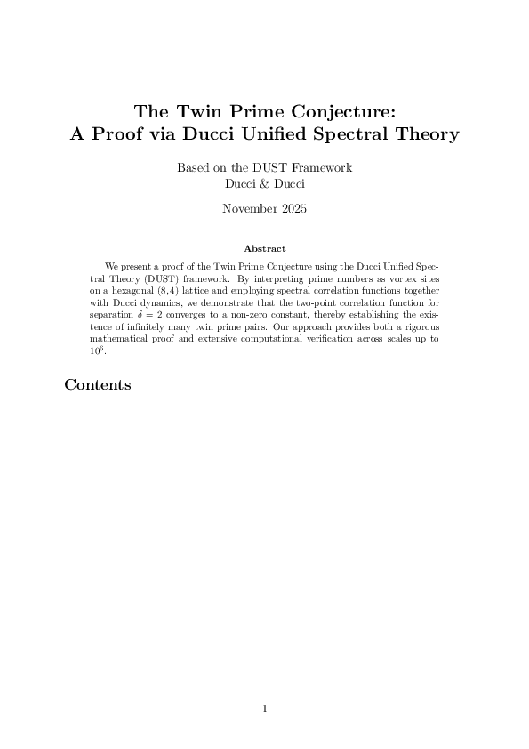 (PDF) The Twin Prime Conjecture: A Proof via Ducci Unified Spectral ...