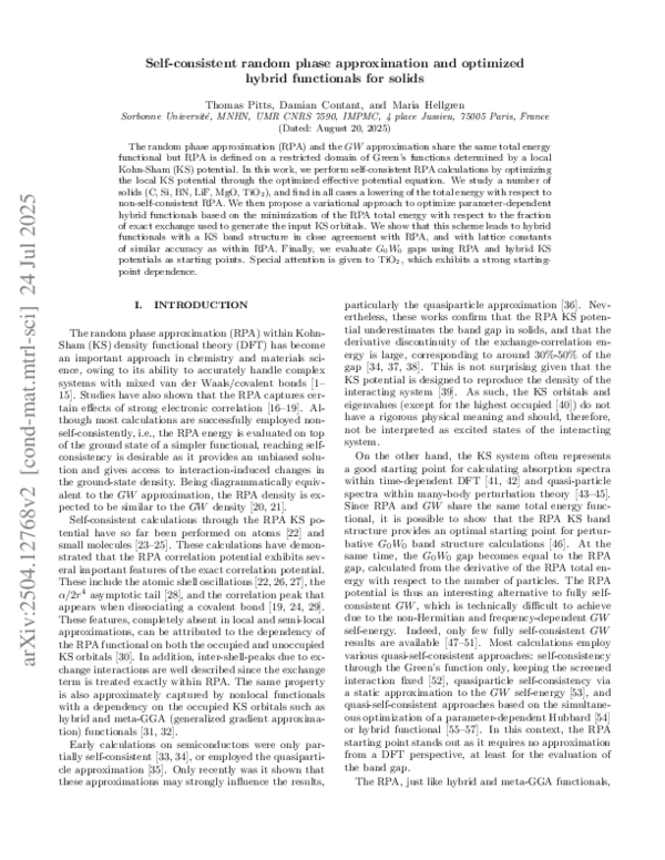 (PDF) Self-consistent random phase approximation and optimized hybrid functionals for solids