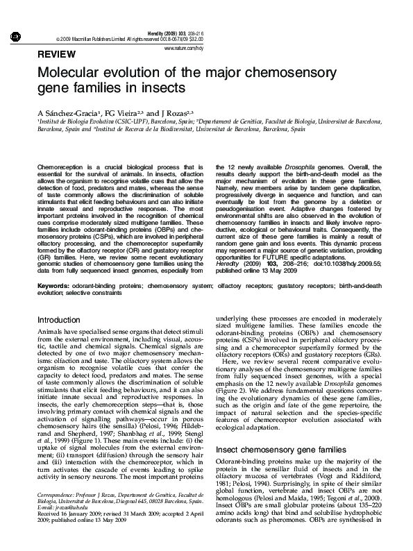 (PDF) Molecular evolution of the major chemosensory gene families in ...