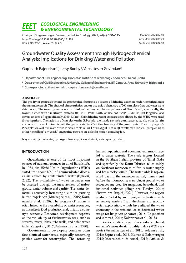 (PDF) Groundwater Quality Assessment through Hydrogeochemical Analysis ...