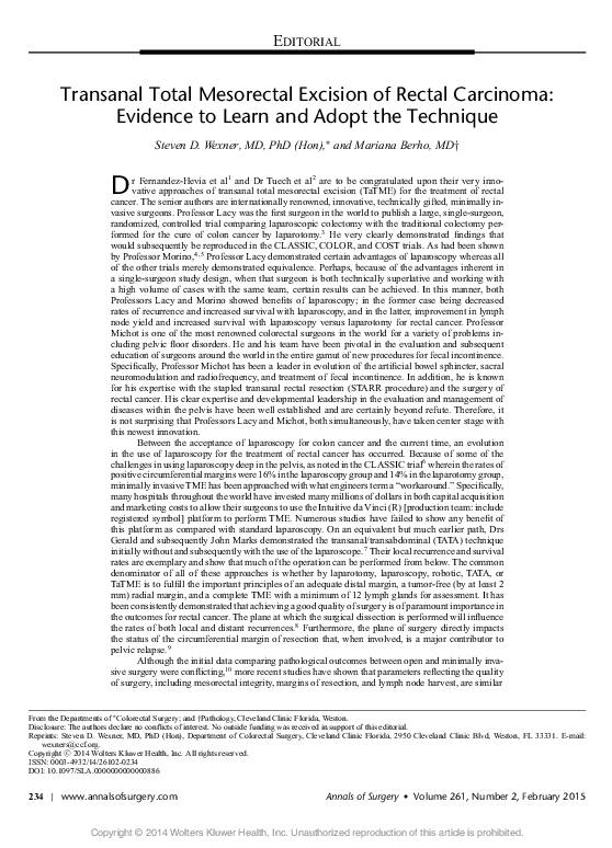 (PDF) Transanal Total Mesorectal Excision of Rectal Carcinoma