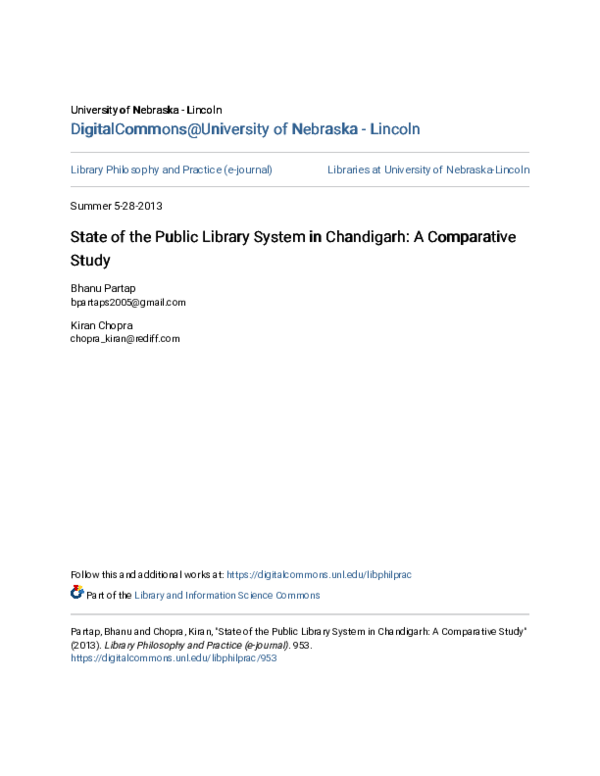 (PDF) State of the Public Library System in Chandigarh: A Comparative Study
