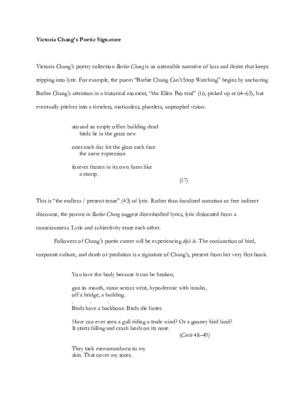 (PDF) Victoria Chang’s Poetic Signature