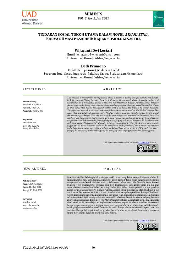 (PDF) Tindakan Sosial Tokoh Utama Dalam Novel Aku Masenja Karya Rumasi ...