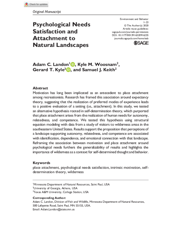 (PDF) Psychological Needs Satisfaction and Attachment to Natural Landscapes