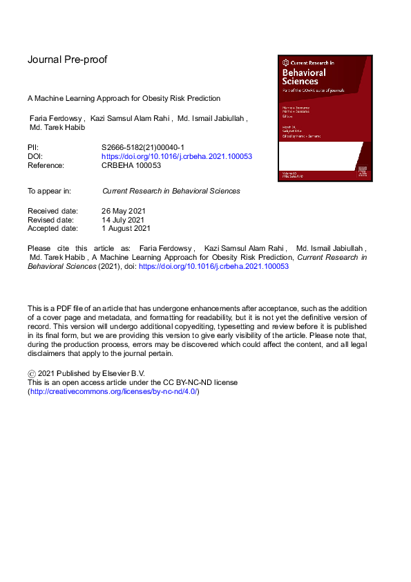 (PDF) A machine learning approach for obesity risk prediction