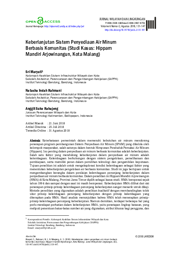 (PDF) Keberlanjutan Sistem Penyediaan Air Minum Berbasis Komunitas ...
