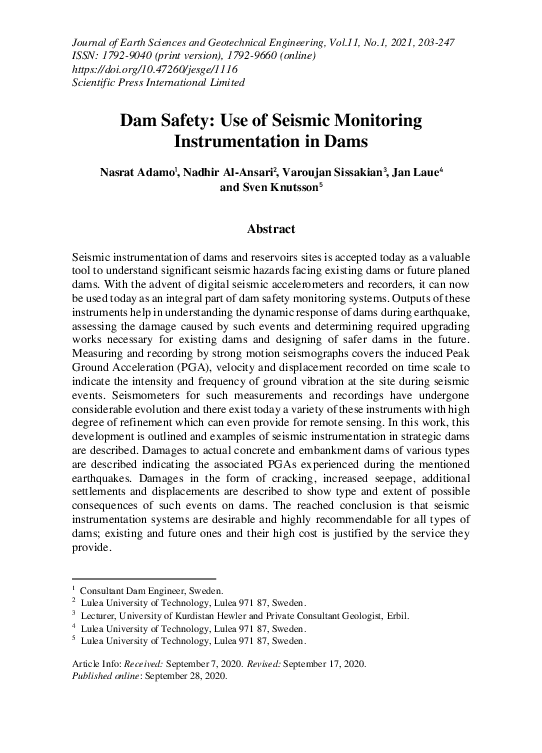 (PDF) Dam Safety: Use of Seismic Monitoring Instrumentation in Dams