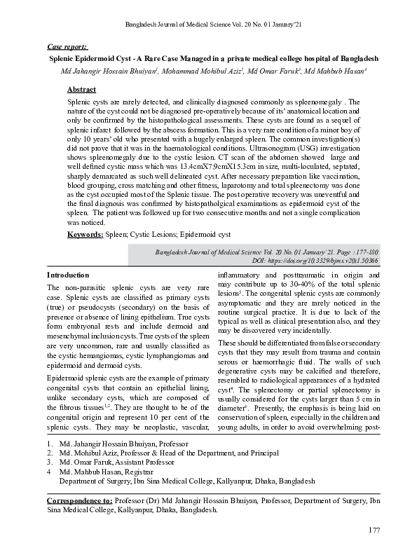 (PDF) Splenic Epidermoid Cyst - A Rare Case Managed in a private ...