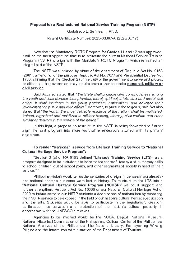 (PDF) PROPOSAL FOR A RESTRUCTURED NATIONAL SERVICE TRAINING PROGRAM (NSTP)